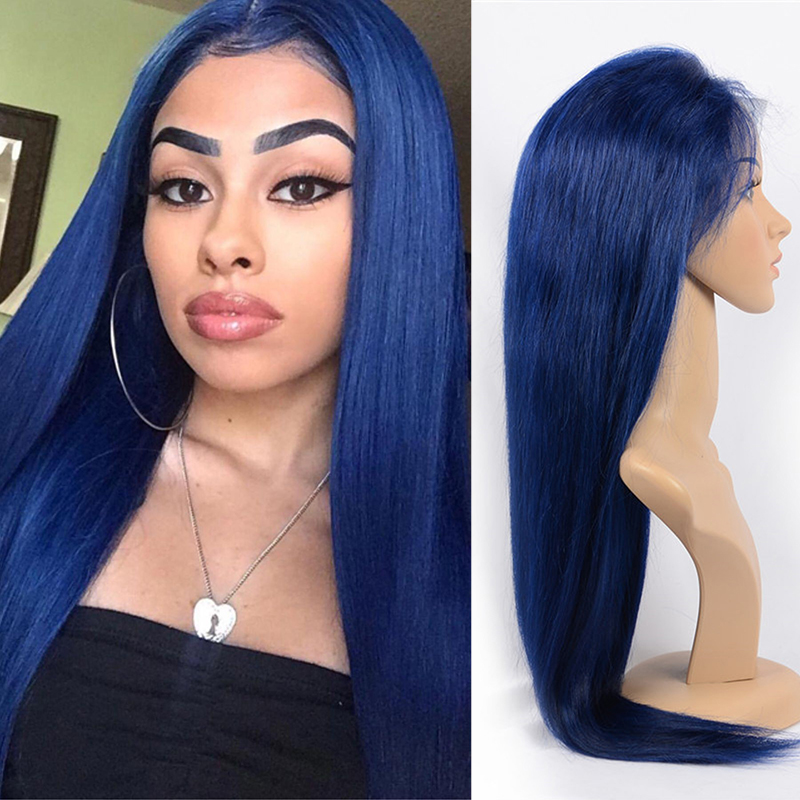 Navy Blue Full Lace Human Hair Wigs Straight Pre Plcuked Bleached Knots ...